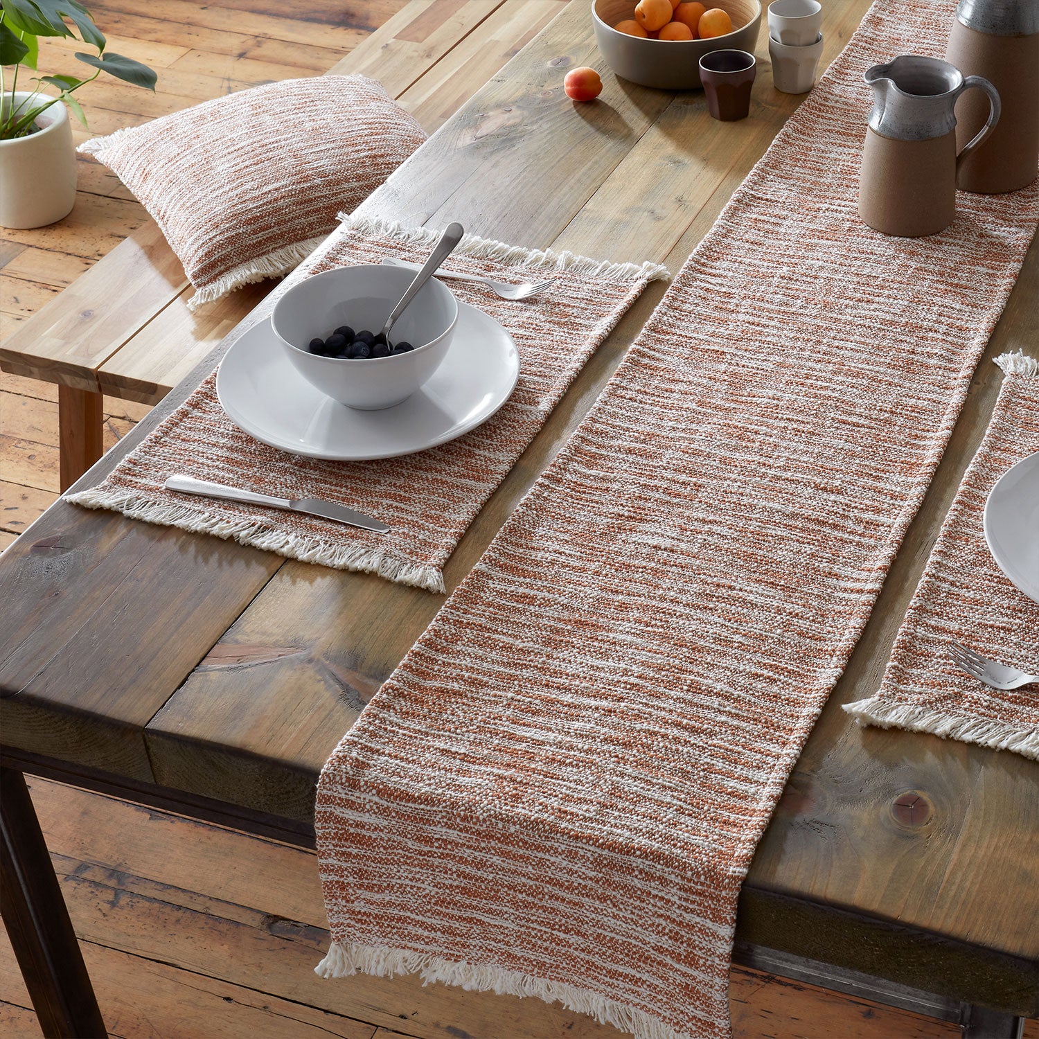 Pineapple Elephant Terracotta Textured Frayed Edge Table Runner