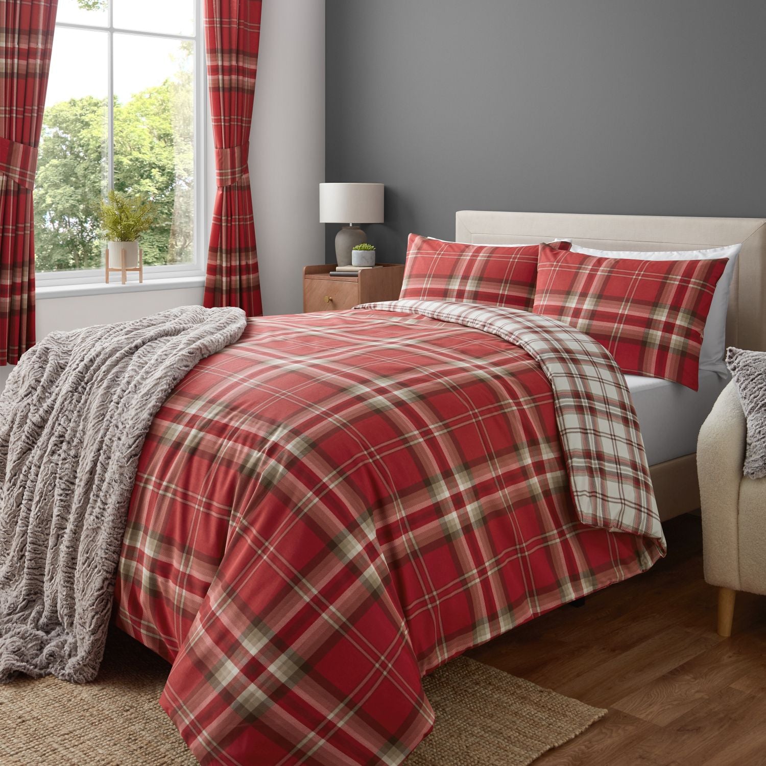 Catherine Lansfield Kelso Red Check Reversible Duvet Set – Julian ...