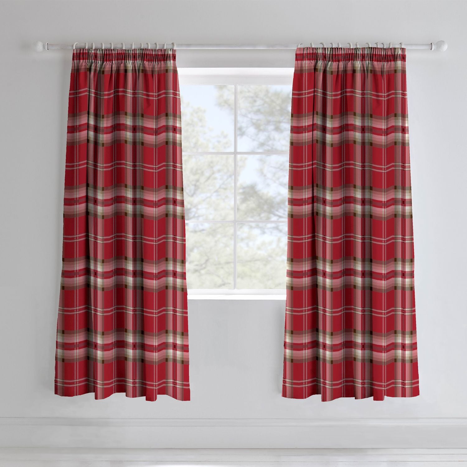 Catherine Lansfield Kelso Red Check Lined Pencil Pleat Curtains ...