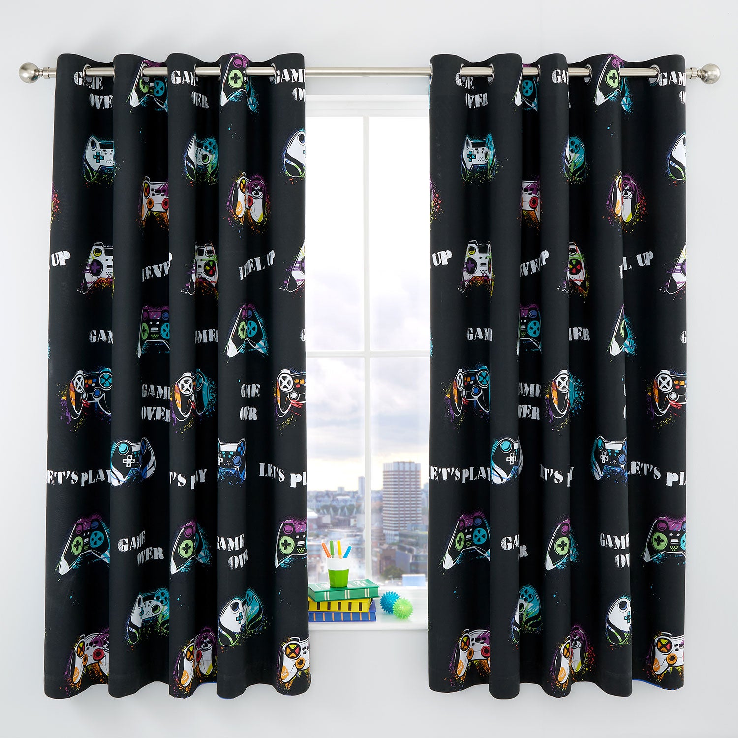 Catherine Lansfield Black Game Over Reversible Eyelet Curtains – Julian ...