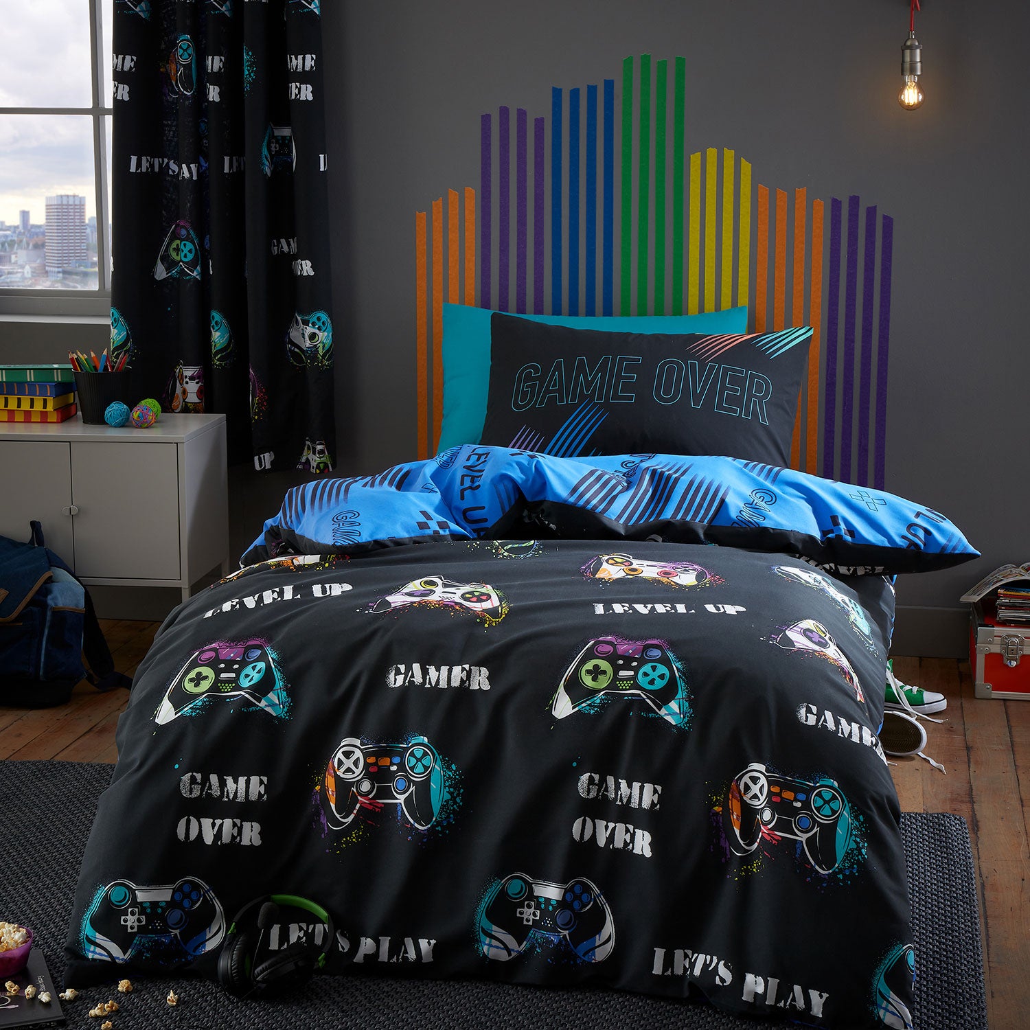 Catherine Lansfield Black Game Over Reversible Duvet Set – Julian ...