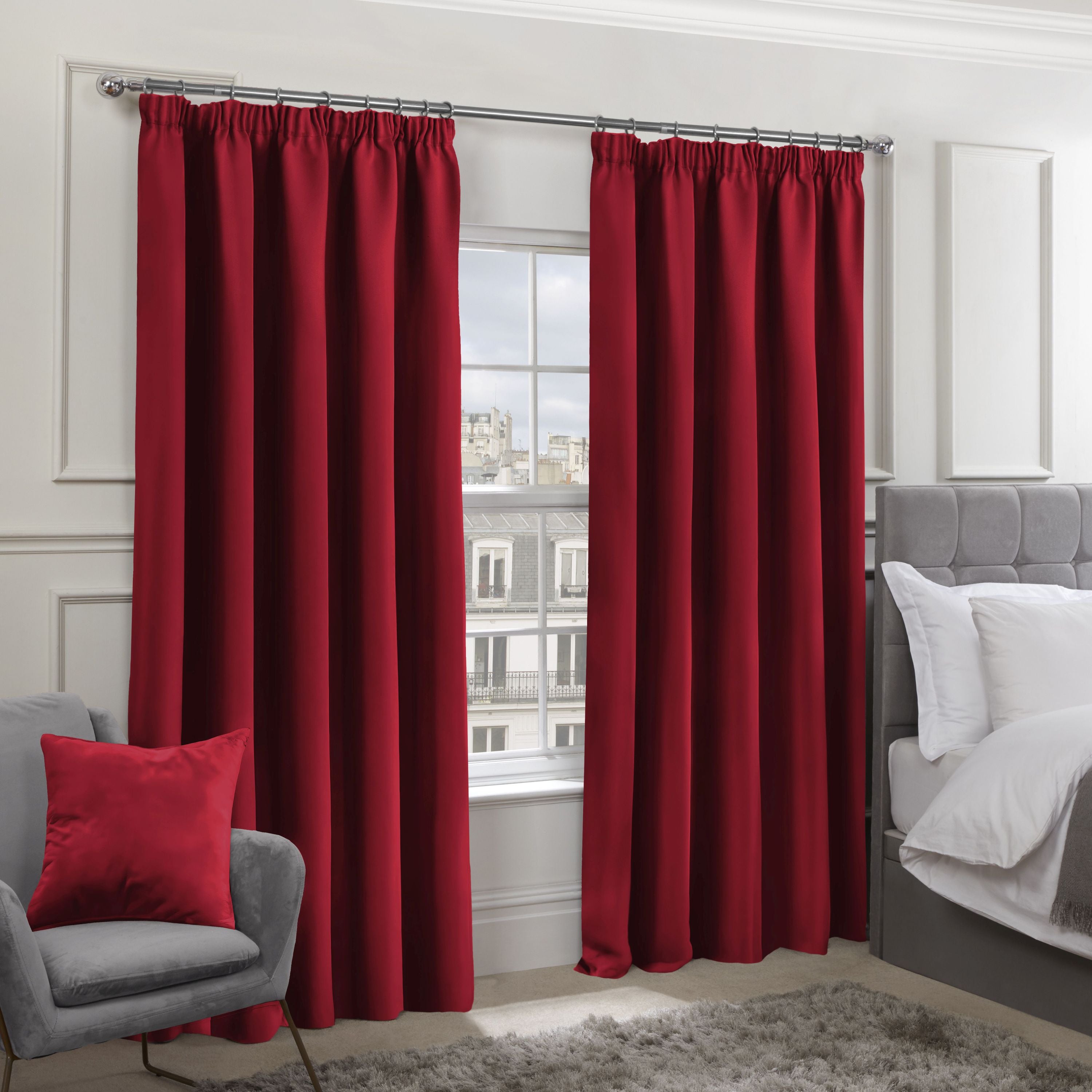 Cali Red Thermal Blackout Pencil Pleat Curtains – Julian Charles Home