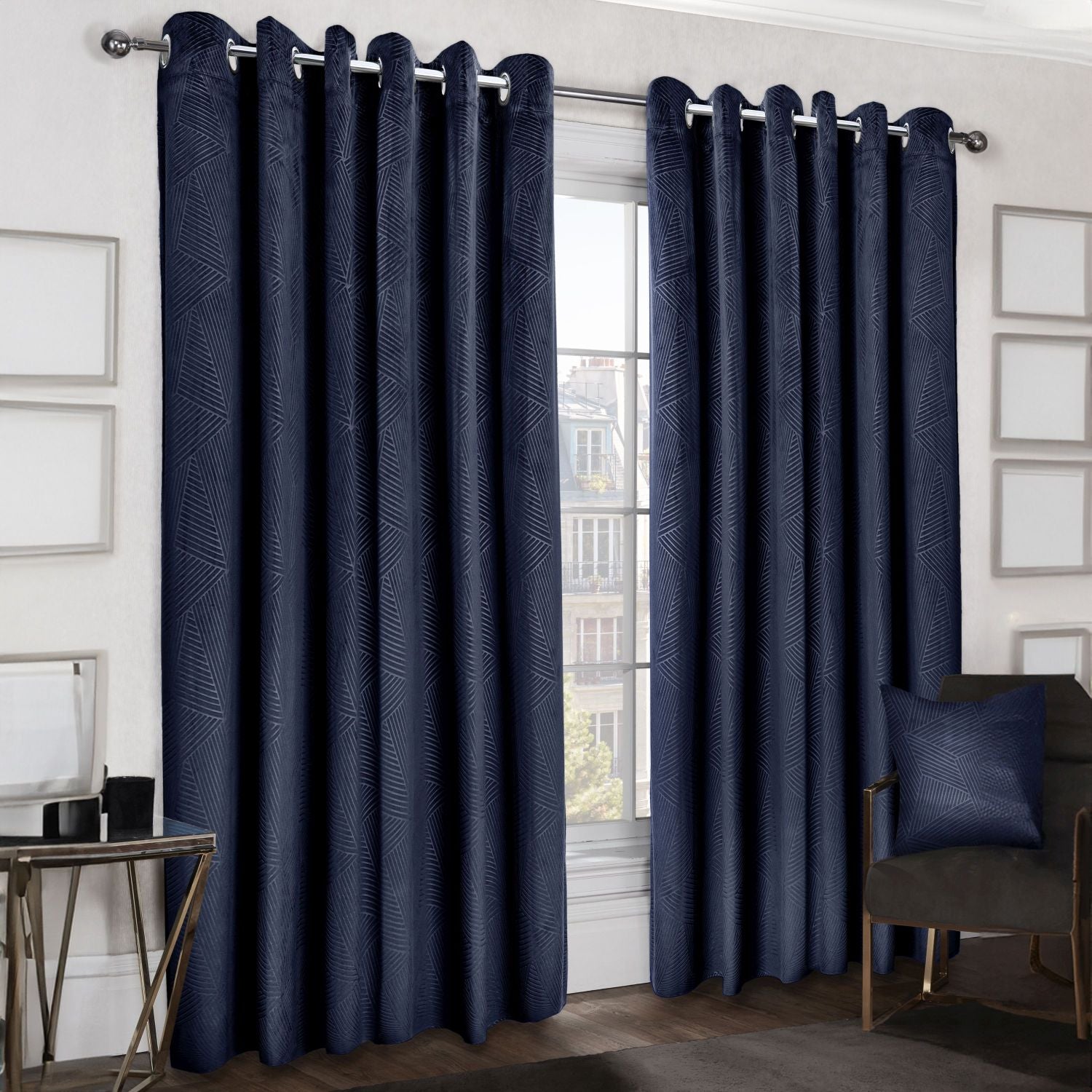 Midnight Navy Blue Embossed Velvet Thermal Blackout Eyelet Curtains ...